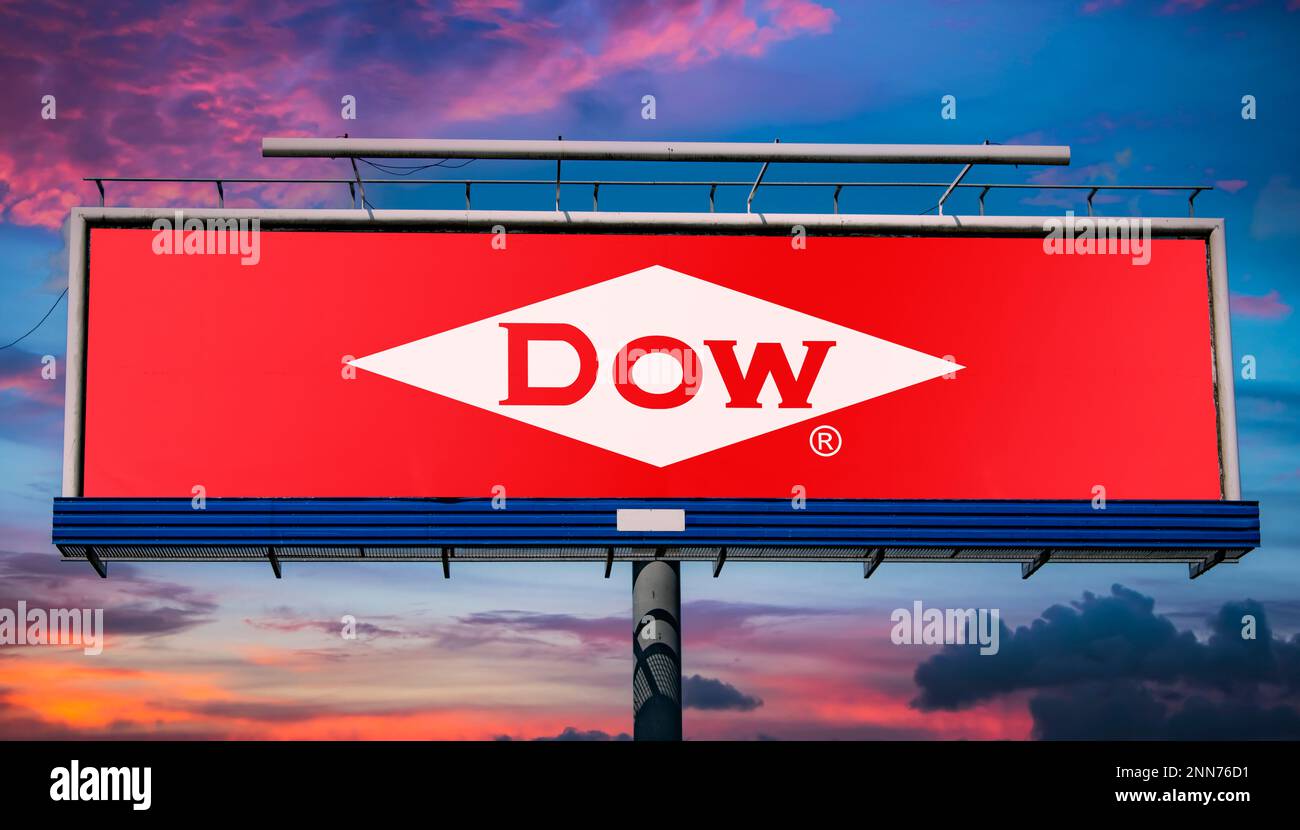 POZNAN, POL - JAN 11, 2023: Advertisement billboard displaying logo of Dow Inc., a chemical ...