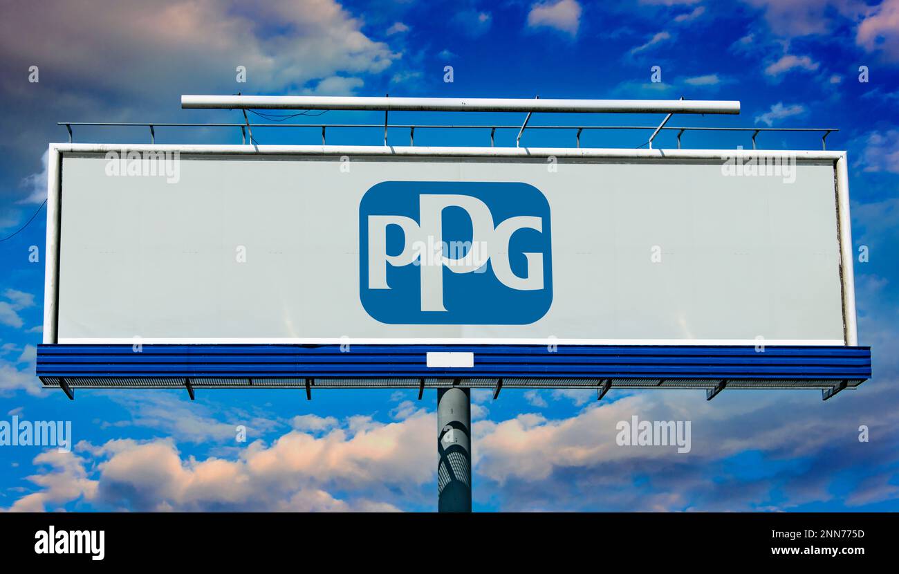 POZNAN, POL - JAN 11, 2023: Advertisement billboard displaying logo of ...