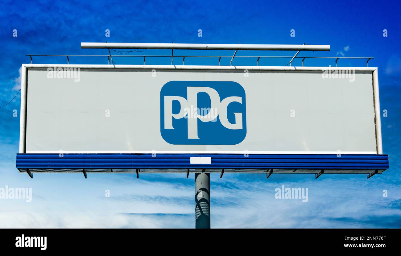 POZNAN, POL - JAN 11, 2023: Advertisement billboard displaying logo of ...