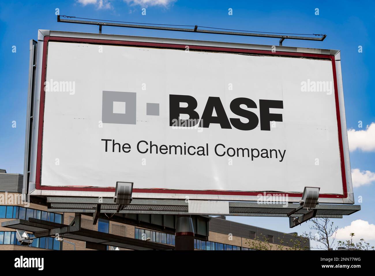POZNAN, POL - JAN 11, 2023: Advertisement billboard displaying logo of BASF, a chemical company ...