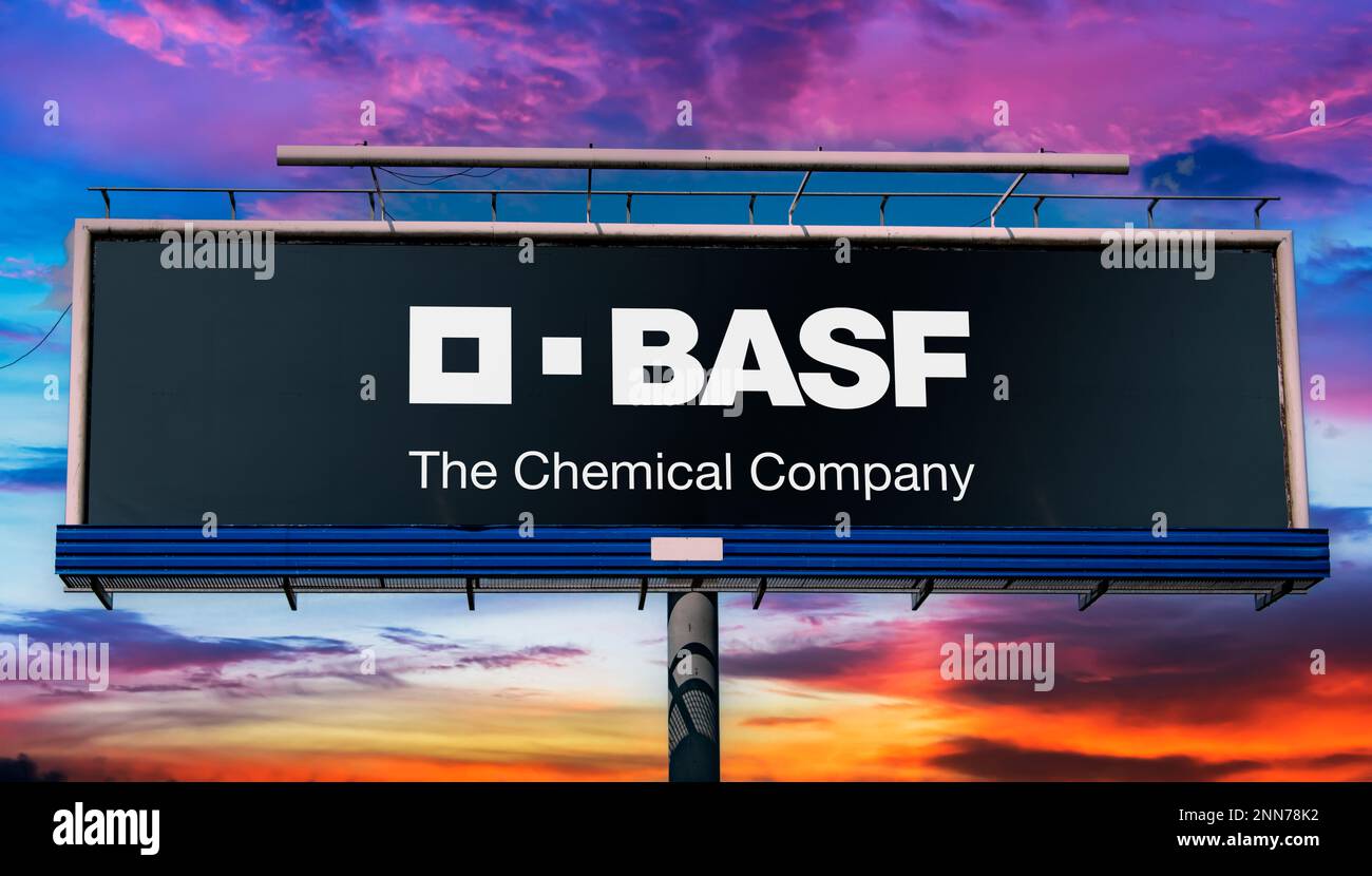 POZNAN, POL - JAN 11, 2023: Advertisement billboard displaying logo of BASF, a chemical company ...