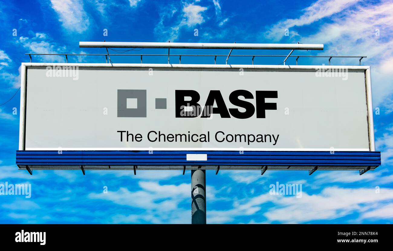 POZNAN, POL - JAN 11, 2023: Advertisement billboard displaying logo of ...