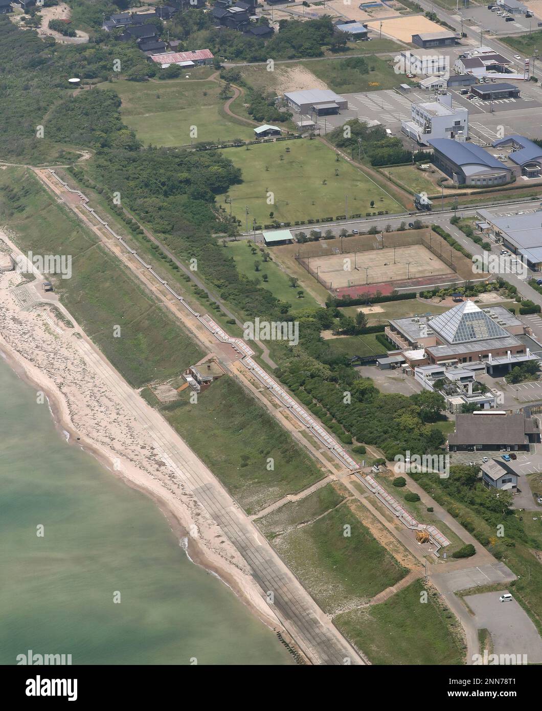 An aerial photo shows the 460.9-meter-long bench at Masuhogaura Beach ...