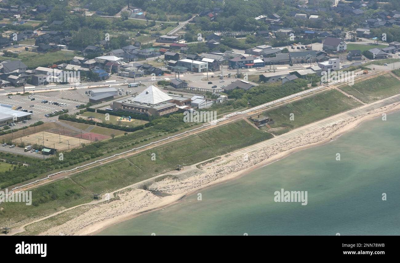 An aerial photo shows the 460.9-meter-long bench at Masuhogaura Beach ...