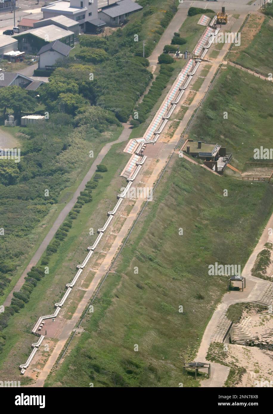 An aerial photo shows the 460.9-meter-long bench at Masuhogaura Beach ...