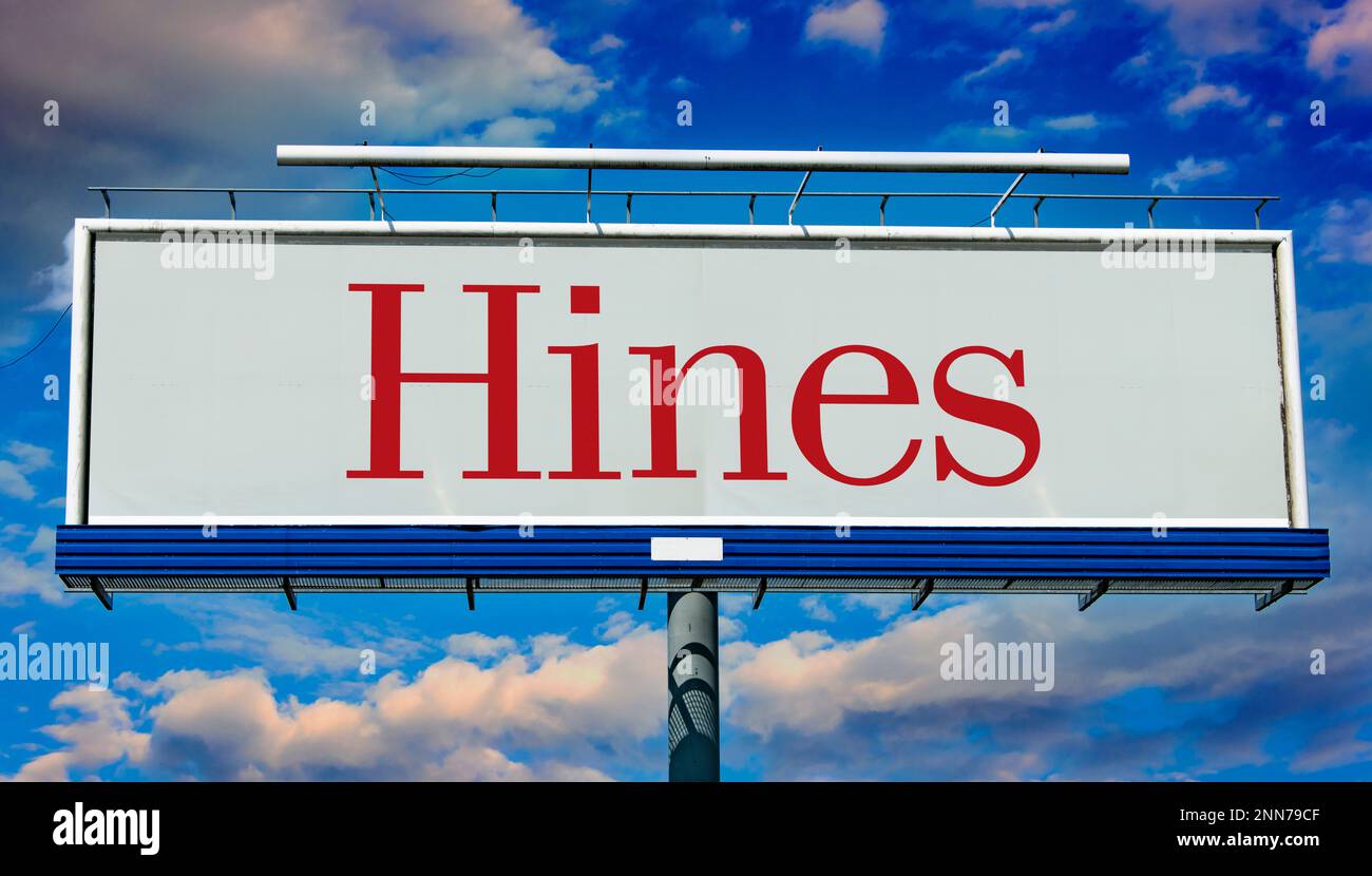 POZNAN, POL - FEB 8, 2023: Advertisement billboard displaying logo of ...