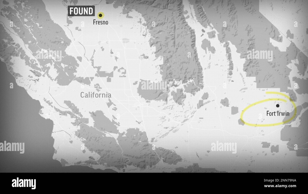 A map depicting Fort Irwin, the site of weapons thefts, and the Fresno ...