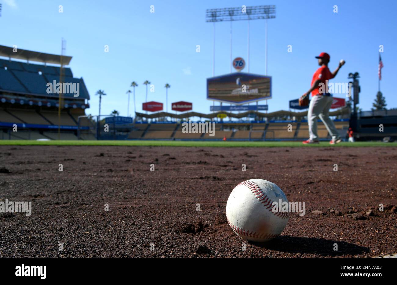 LOS ANGELES, CA - JUNE 14: A baseball is seen on the warning track ...