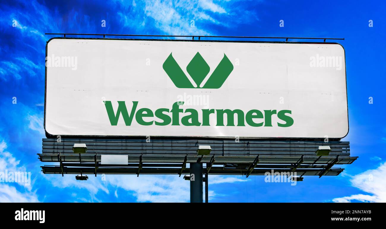 POZNAN, POL - JAN 11, 2023: Advertisement billboard displaying logo of Wesfarmers, an Australian ...