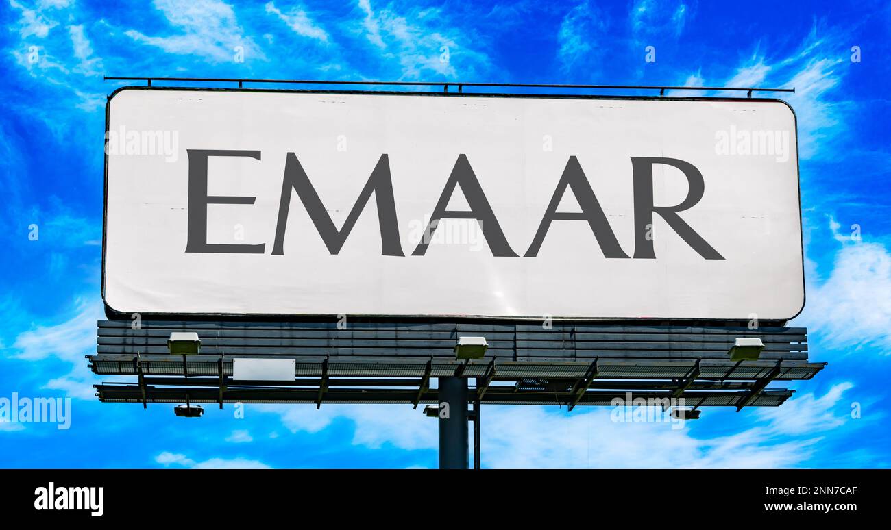 POZNAN, POL - FEB 8, 2023: Advertisement billboard displaying logo of ...