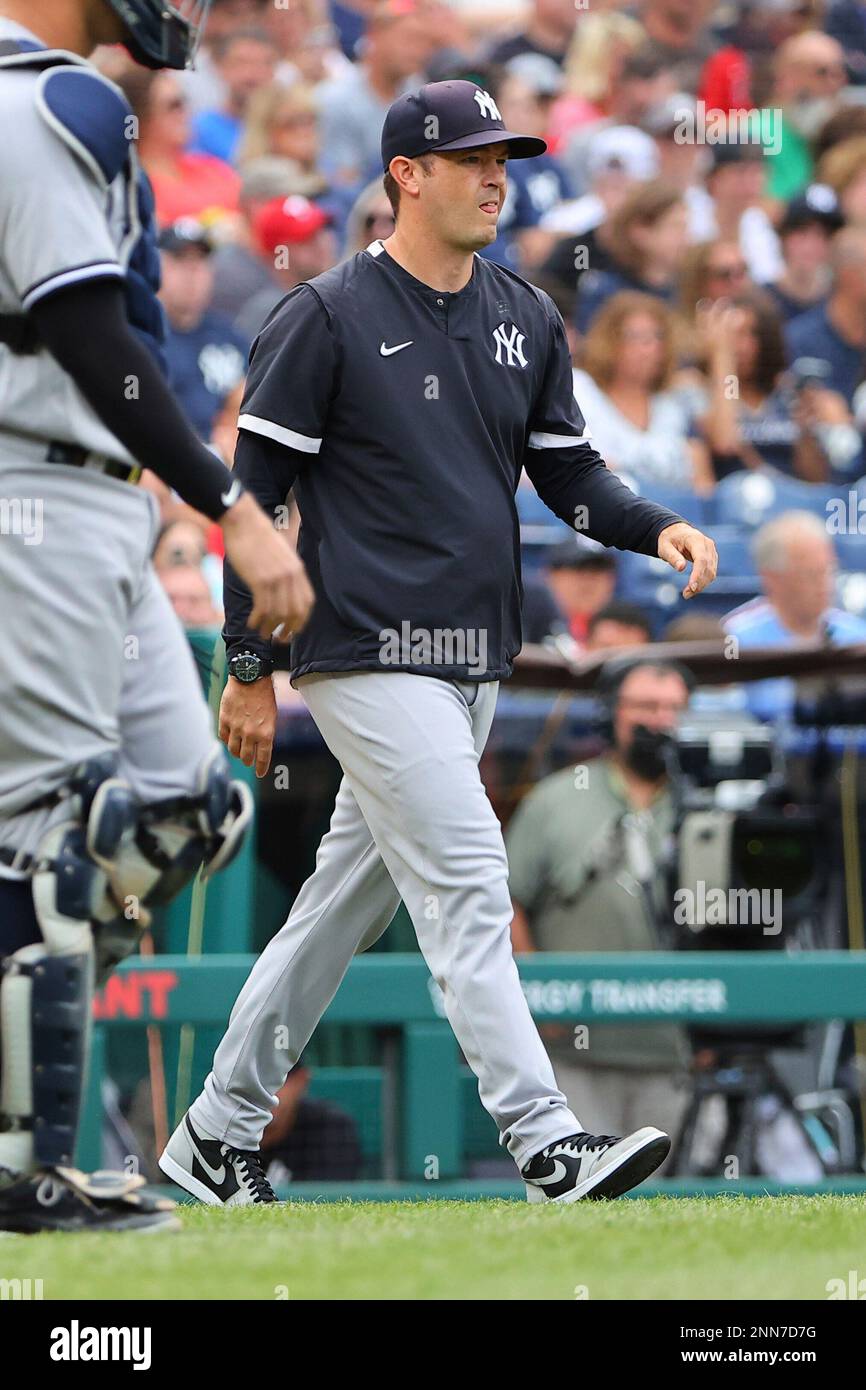 PHILADELPHIA, PA - JUNE 12: New York Yankees pitching coach Matt Blake ...