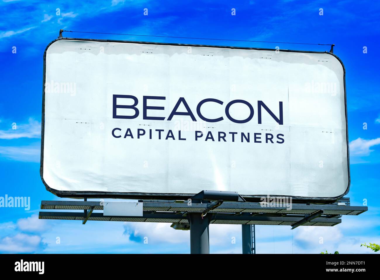 POZNAN, POL - FEB 8, 2023: Advertisement billboard displaying logo of ...