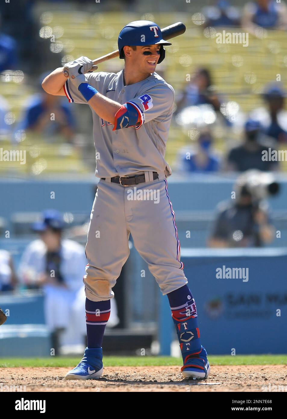 LOS ANGELES, CA - JUNE 13: Nick Solak (15) of the Texas Rangers at bat ...