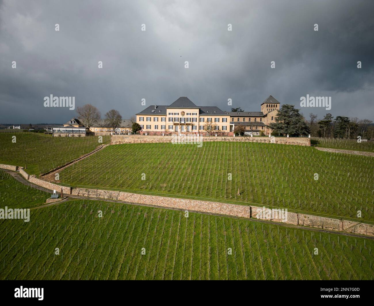 Geisenheim, Germany. 24th Feb, 2023. Dark rain clouds pass over ...