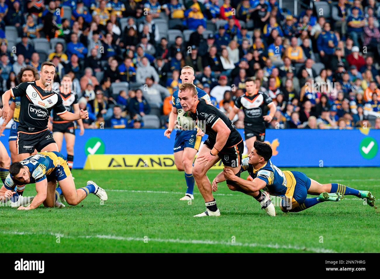 SYDNEY, AUSTRALIA - JUNE 13: Jacob Liddle of the Tigers breaks the ...