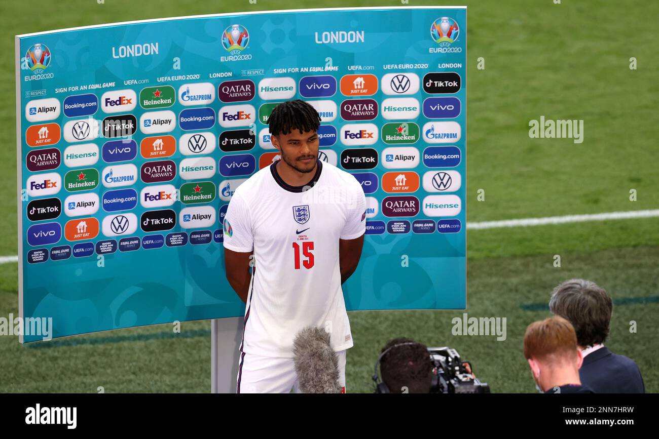 England's Tyrone Mings is interviewed after the Euro 2020 soccer ...