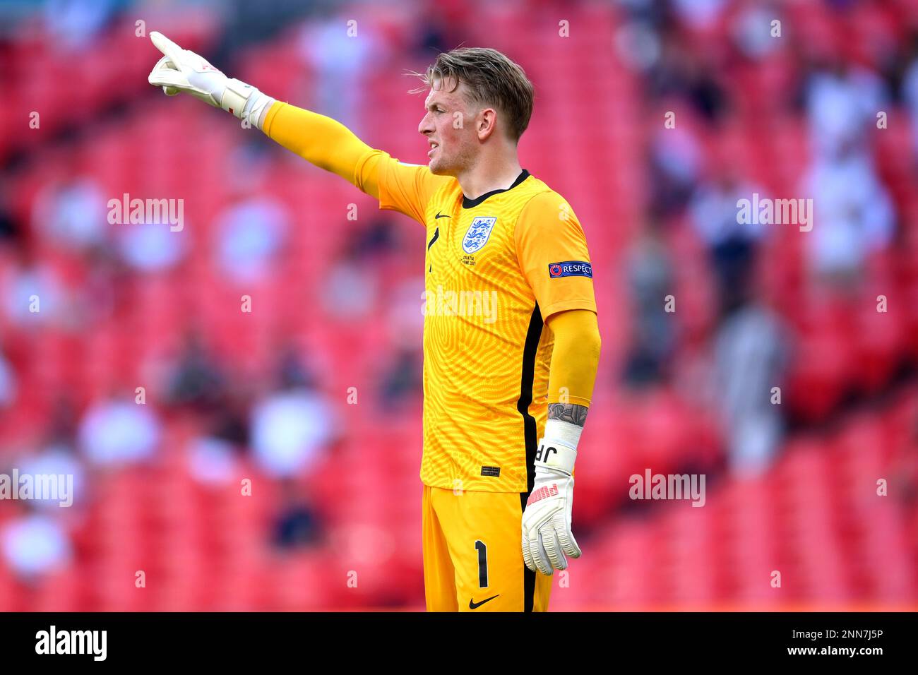 England's goalkeeper Jordan Pickford gestures during the Euro 2020 ...