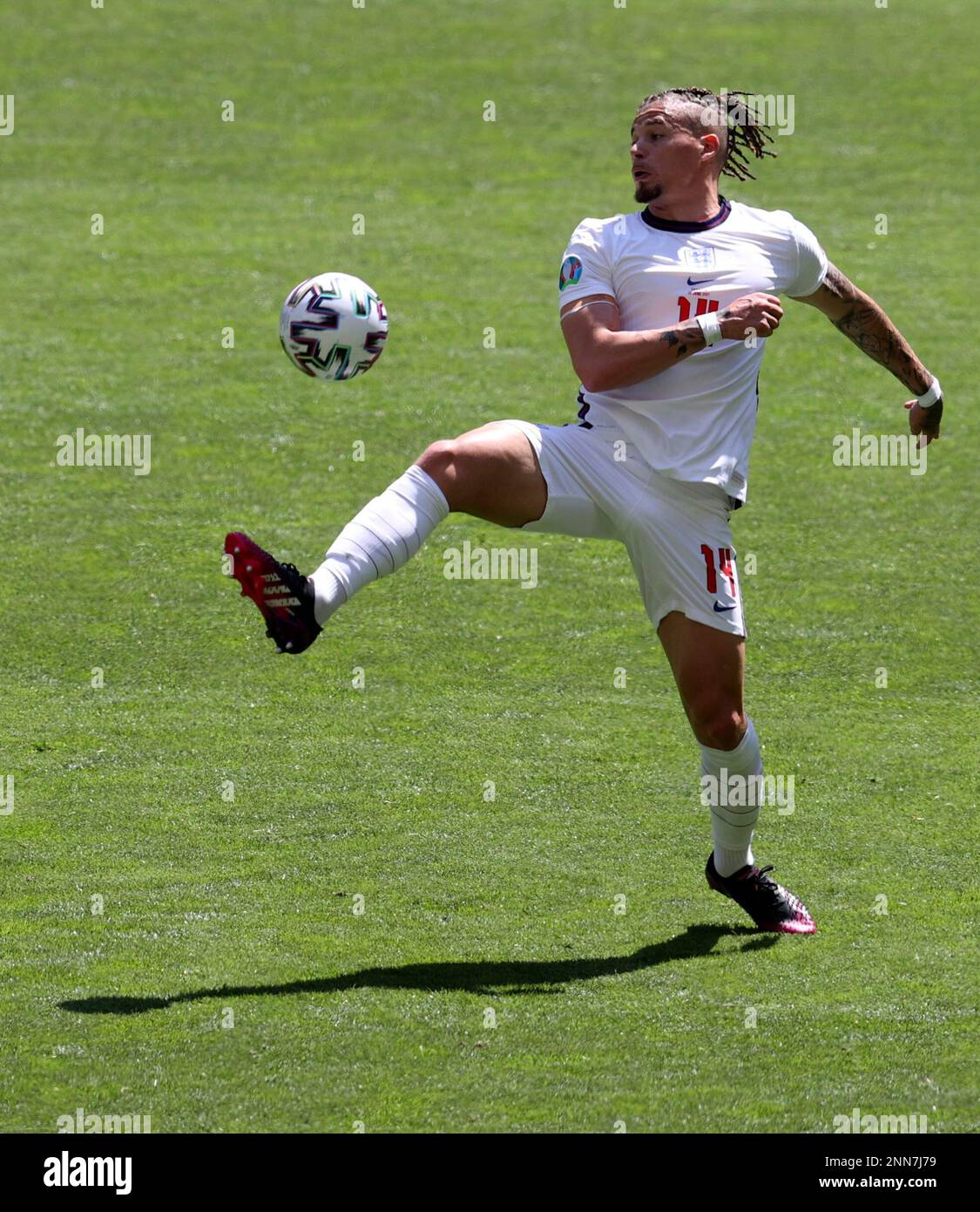 England's Kalvin Phillips attempts to control the ball during the Euro ...