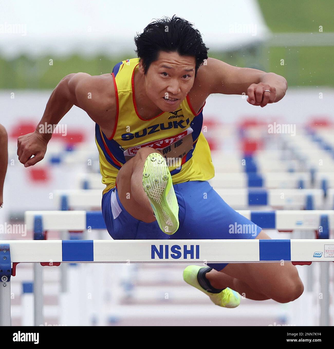 Akihiko Nakamura, a Japanese decathlete, takes part in decathlon during Japanese Athletics ...