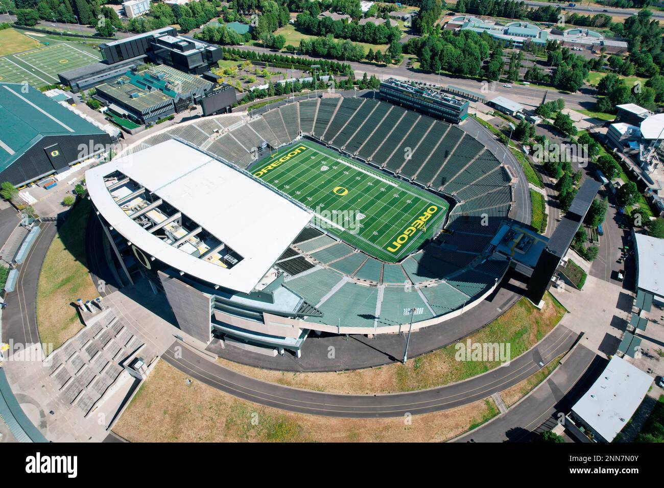 An aerial view of Autzen Stadium on the campus of University of Oregon ...