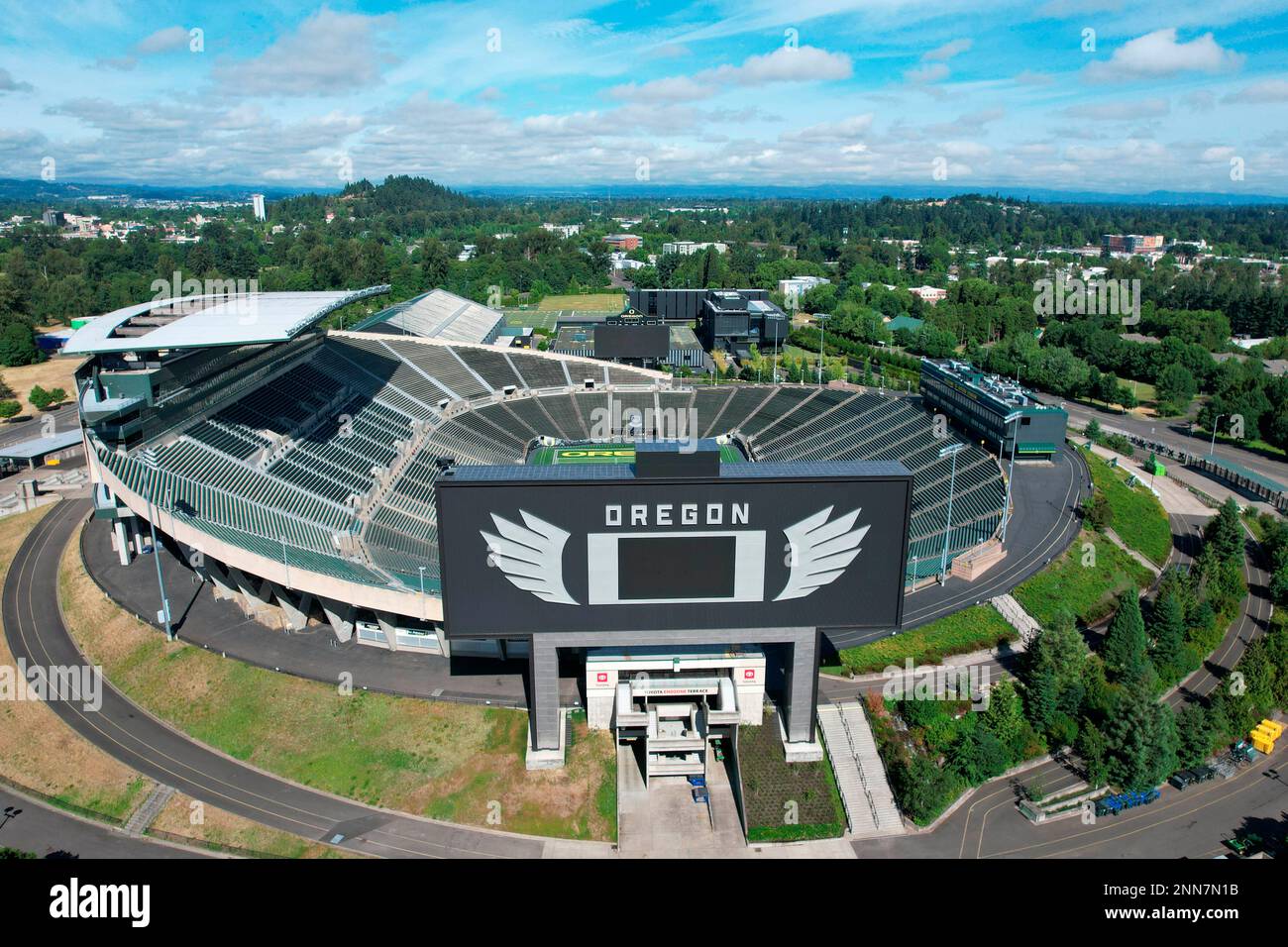 An aerial view of Autzen Stadium on the campus of University of Oregon ...