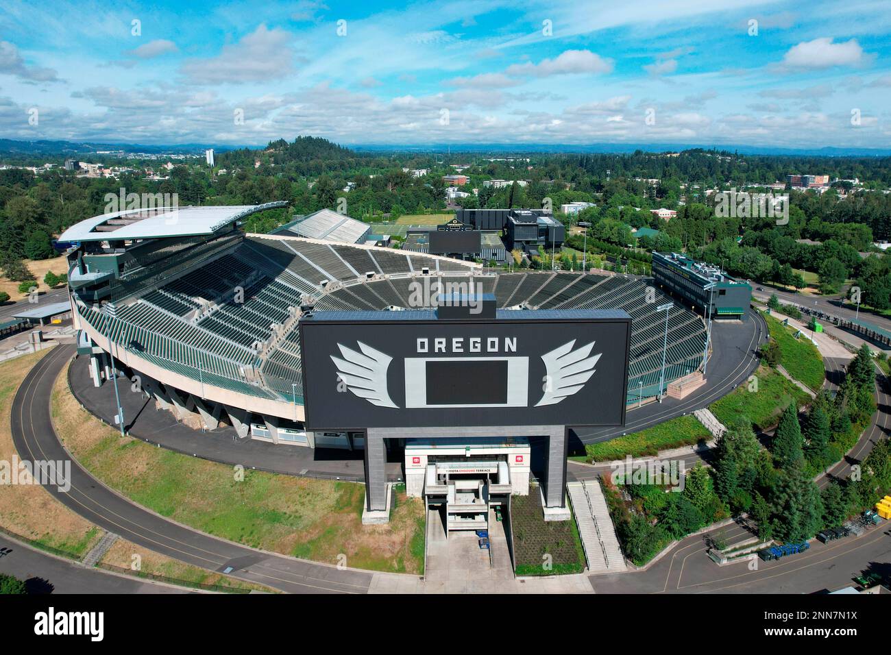 An aerial view of Autzen Stadium on the campus of University of Oregon ...