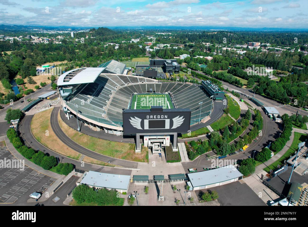 An aerial view of Autzen Stadium on the campus of University of Oregon ...