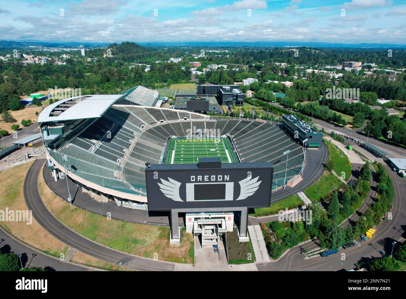 An aerial view of Autzen Stadium on the campus of University of Oregon ...