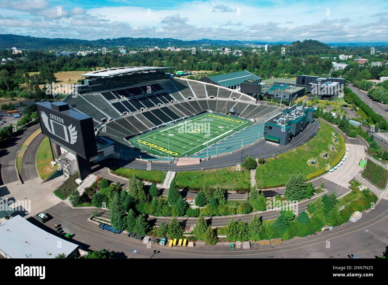 An aerial view of Autzen Stadium on the campus of University of Oregon ...