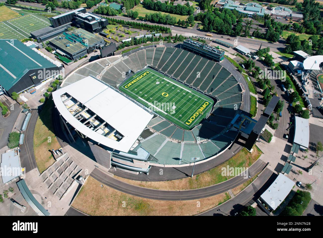 An aerial view of Autzen Stadium on the campus of University of Oregon ...