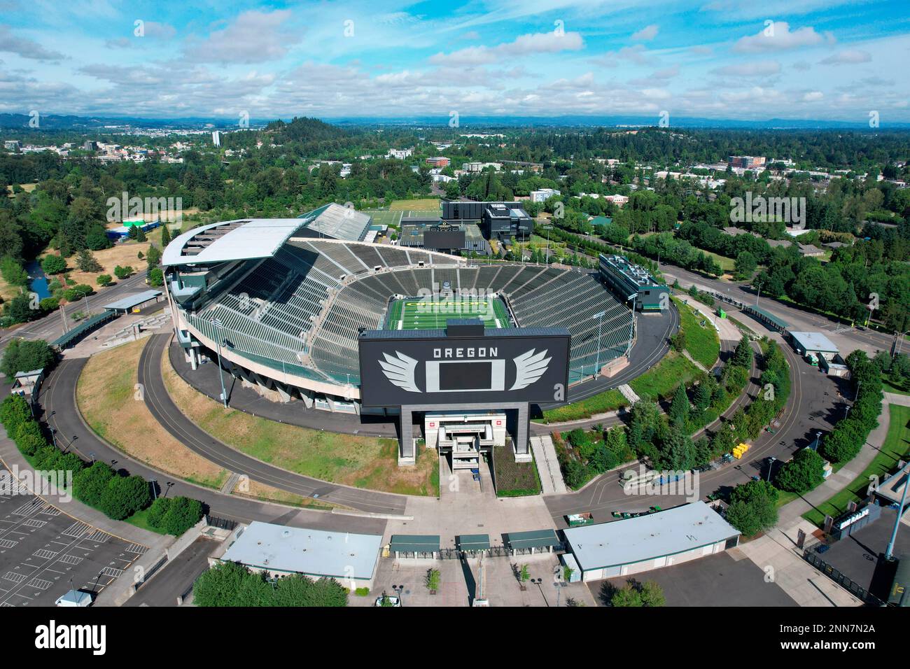 An aerial view of Autzen Stadium on the campus of University of Oregon ...