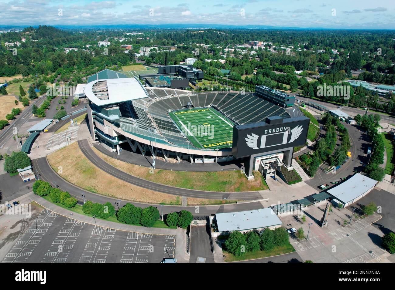 An aerial view of Autzen Stadium on the campus of University of Oregon ...