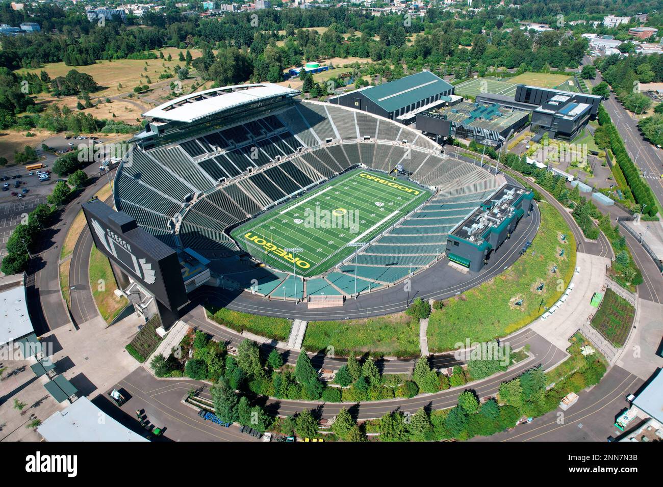 An aerial view of Autzen Stadium on the campus of University of Oregon ...