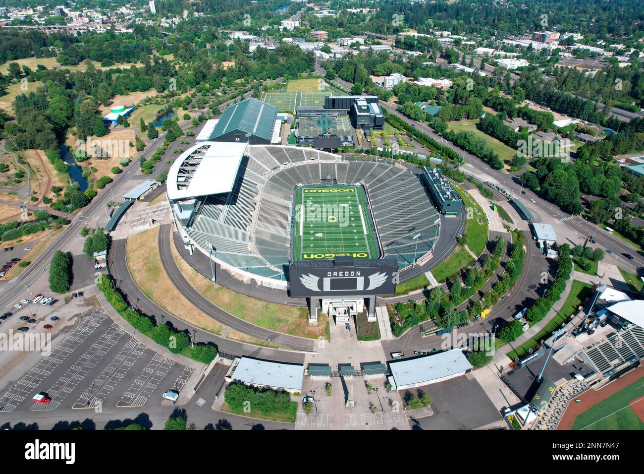 An aerial view of Autzen Stadium on the campus of University of Oregon ...