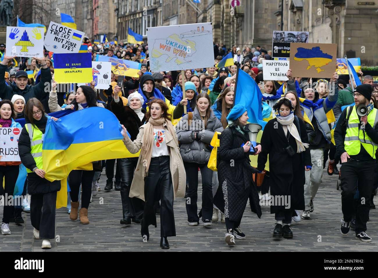 Edinburgh Scotland, UK 25 February 2023. March for Ukraine down the ...