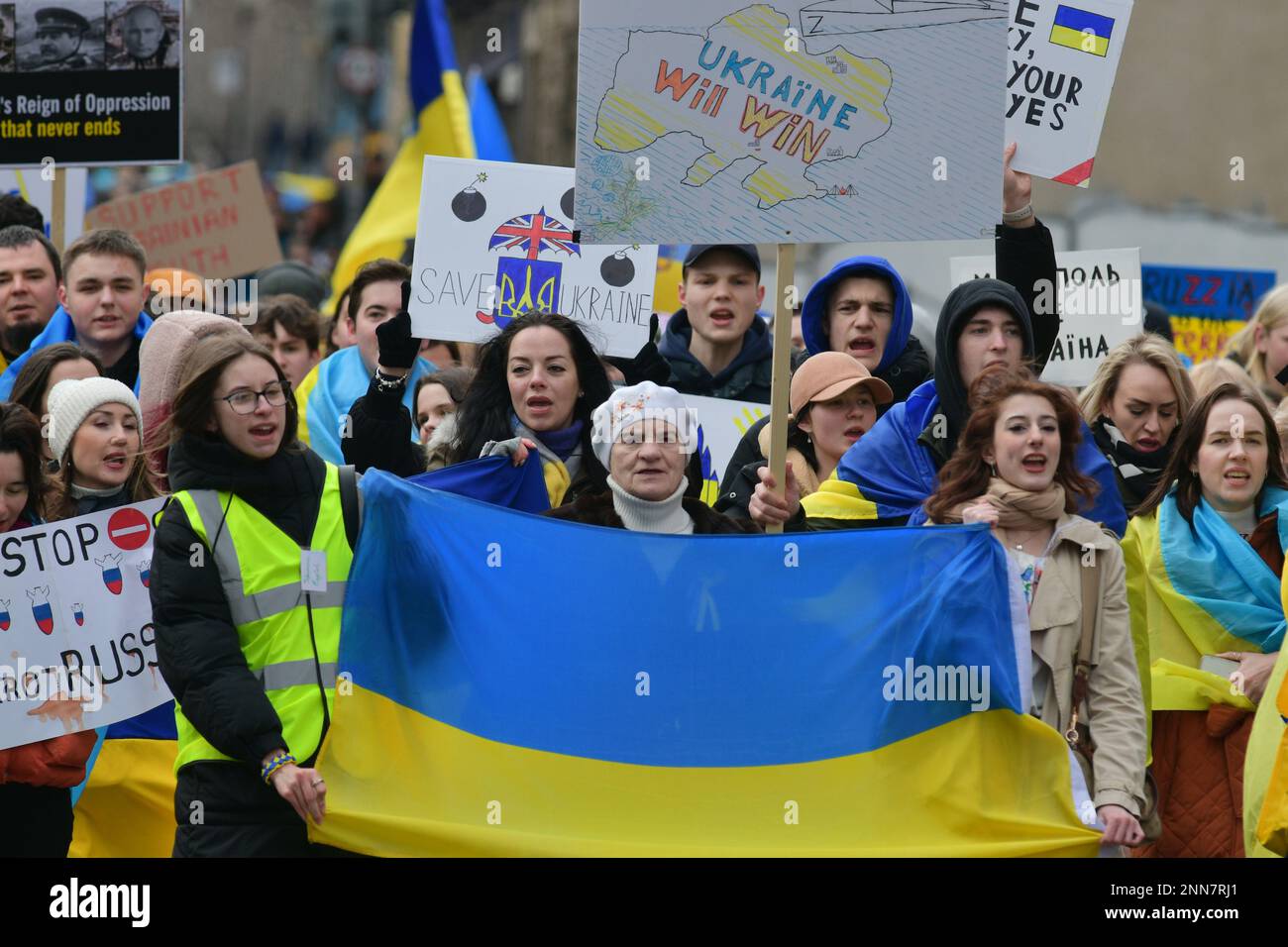 Edinburgh Scotland, UK 25 February 2023. March for Ukraine down the ...