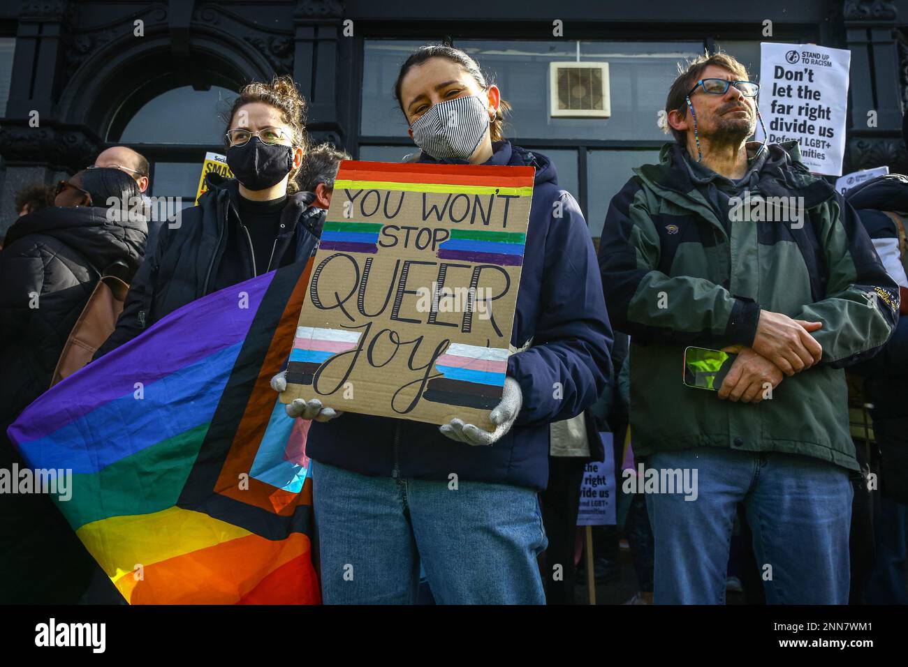 London, UK, 25th Feb 2023. More than 500 activists from 'Stand Up to Racism', LGBT groups and ...