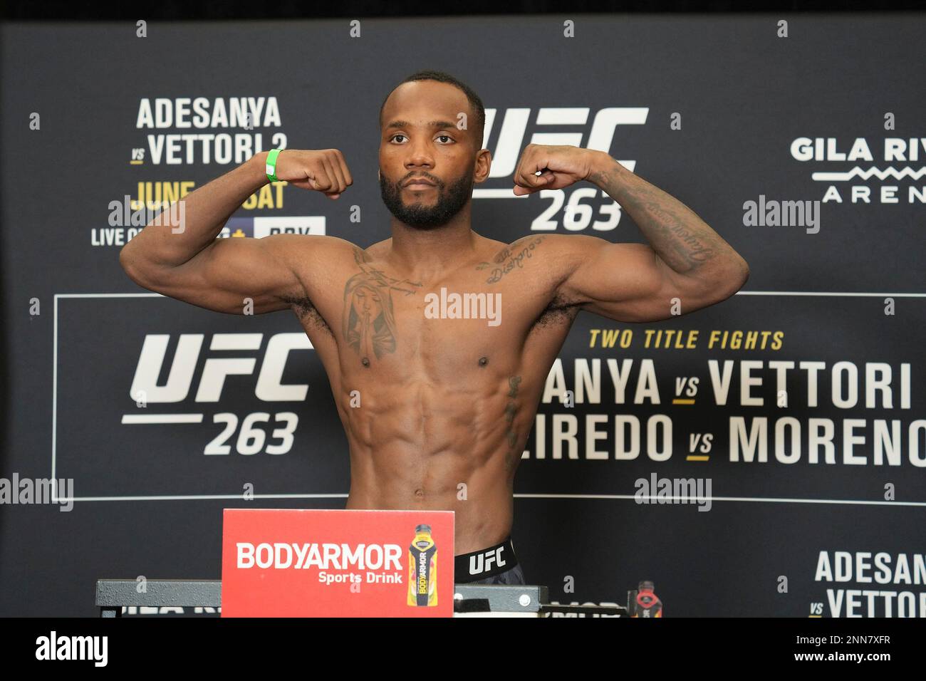 PHOENIX, AZ - JUNE 11: Leon Edwards steps on the scale for the official ...