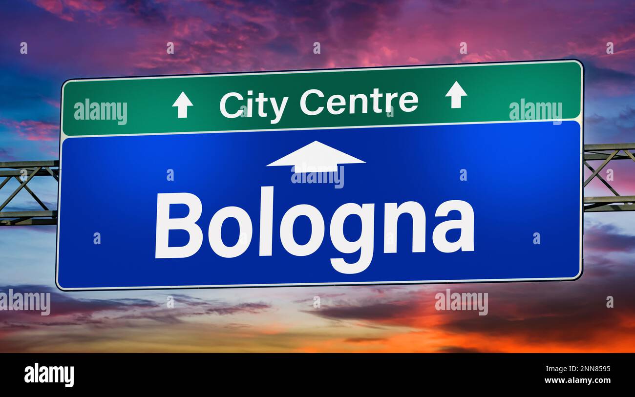 Road sign indicating direction to the city of Bologna Stock Photo - Alamy
