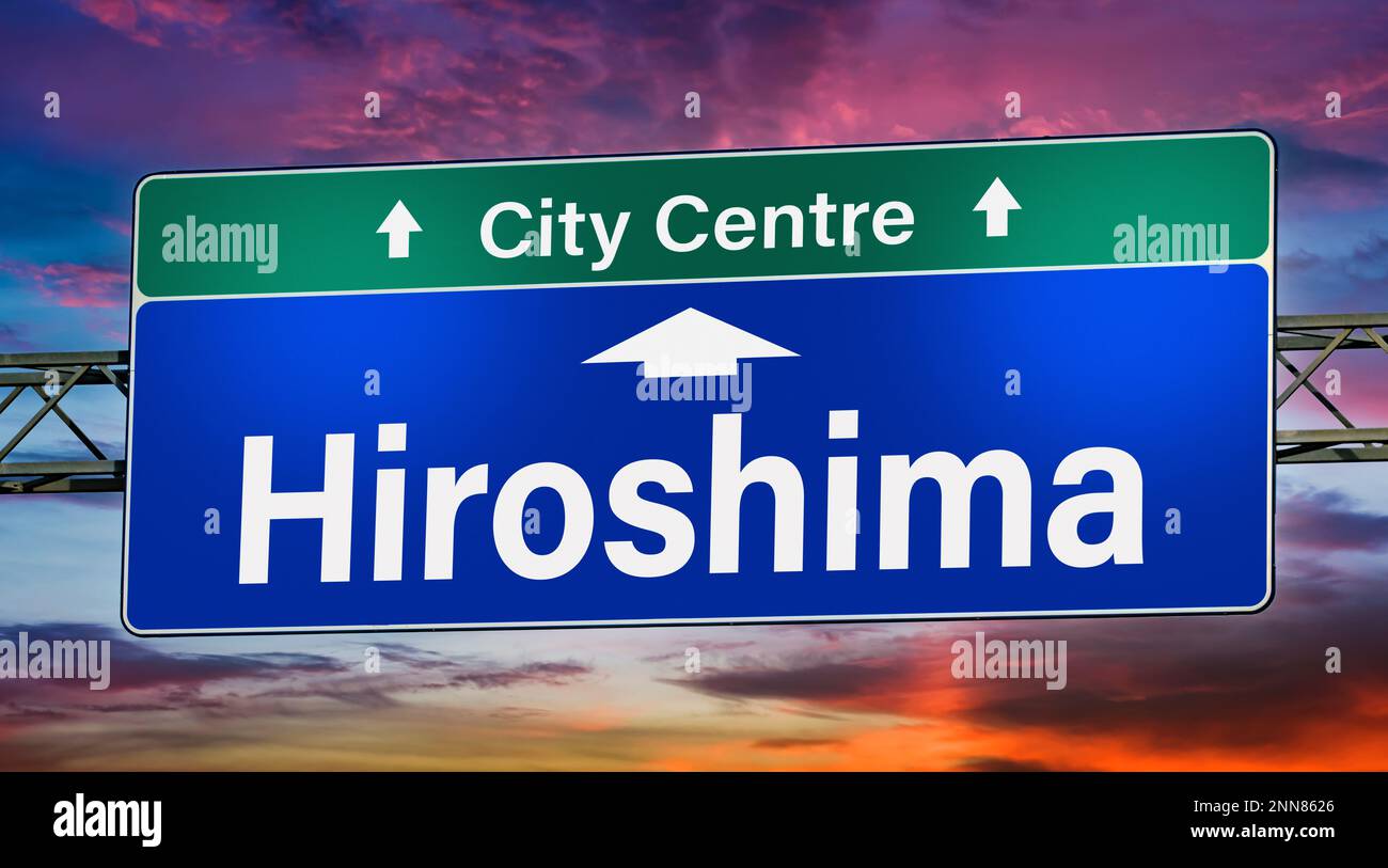 Road sign indicating direction to the city of Hiroshima Stock Photo - Alamy