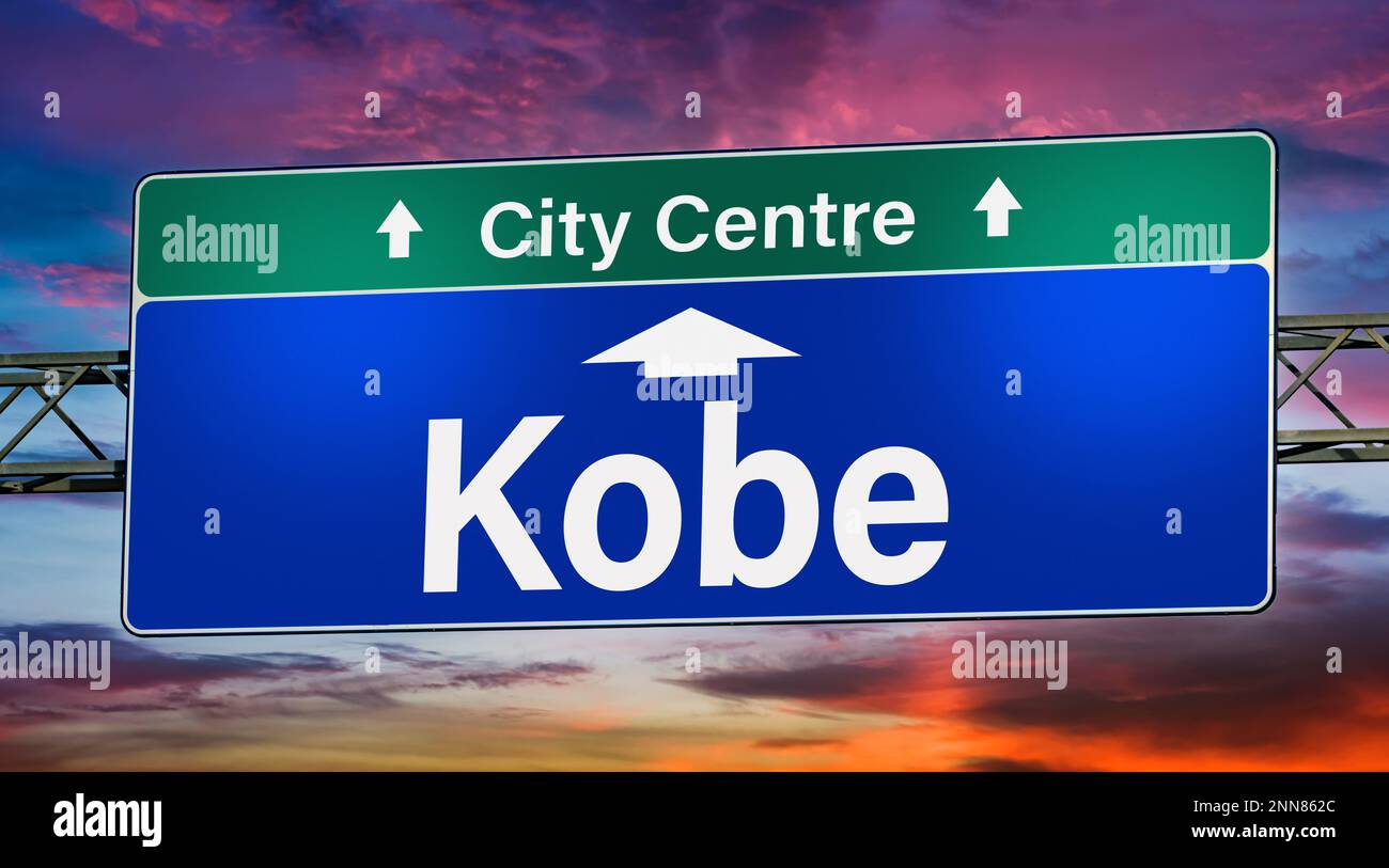 Road sign indicating direction to the city of Kobe Stock Photo - Alamy