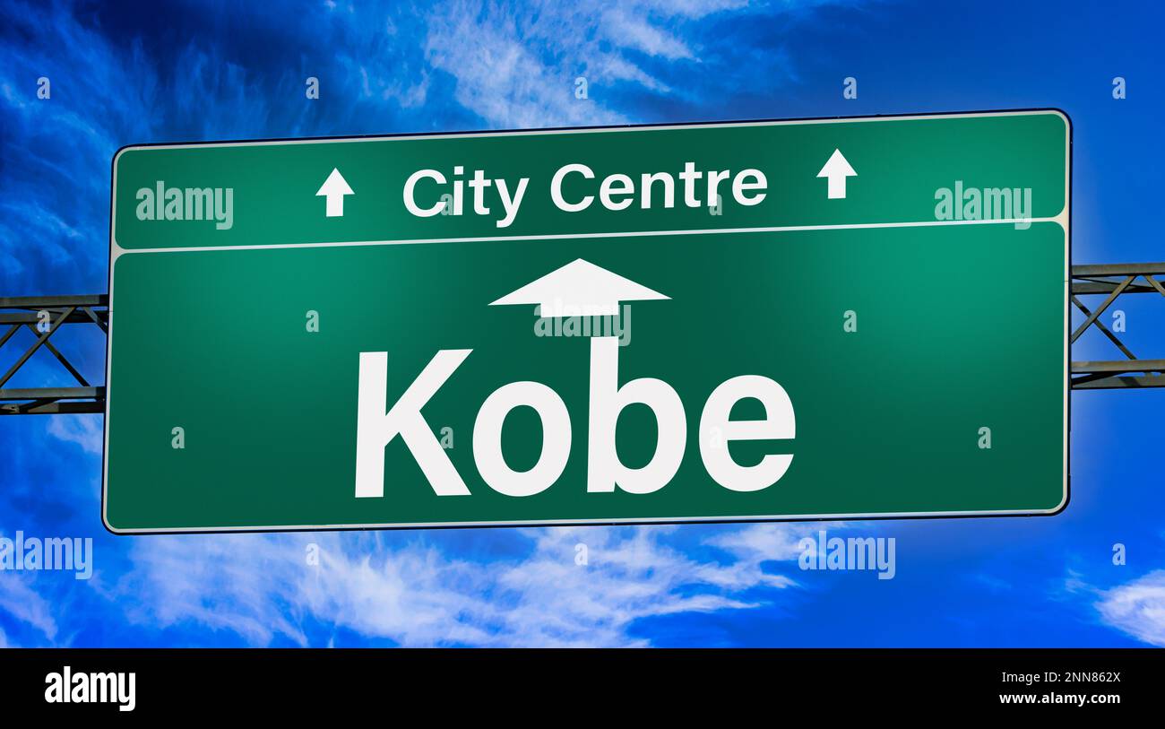 Road sign indicating direction to the city of Kobe Stock Photo - Alamy