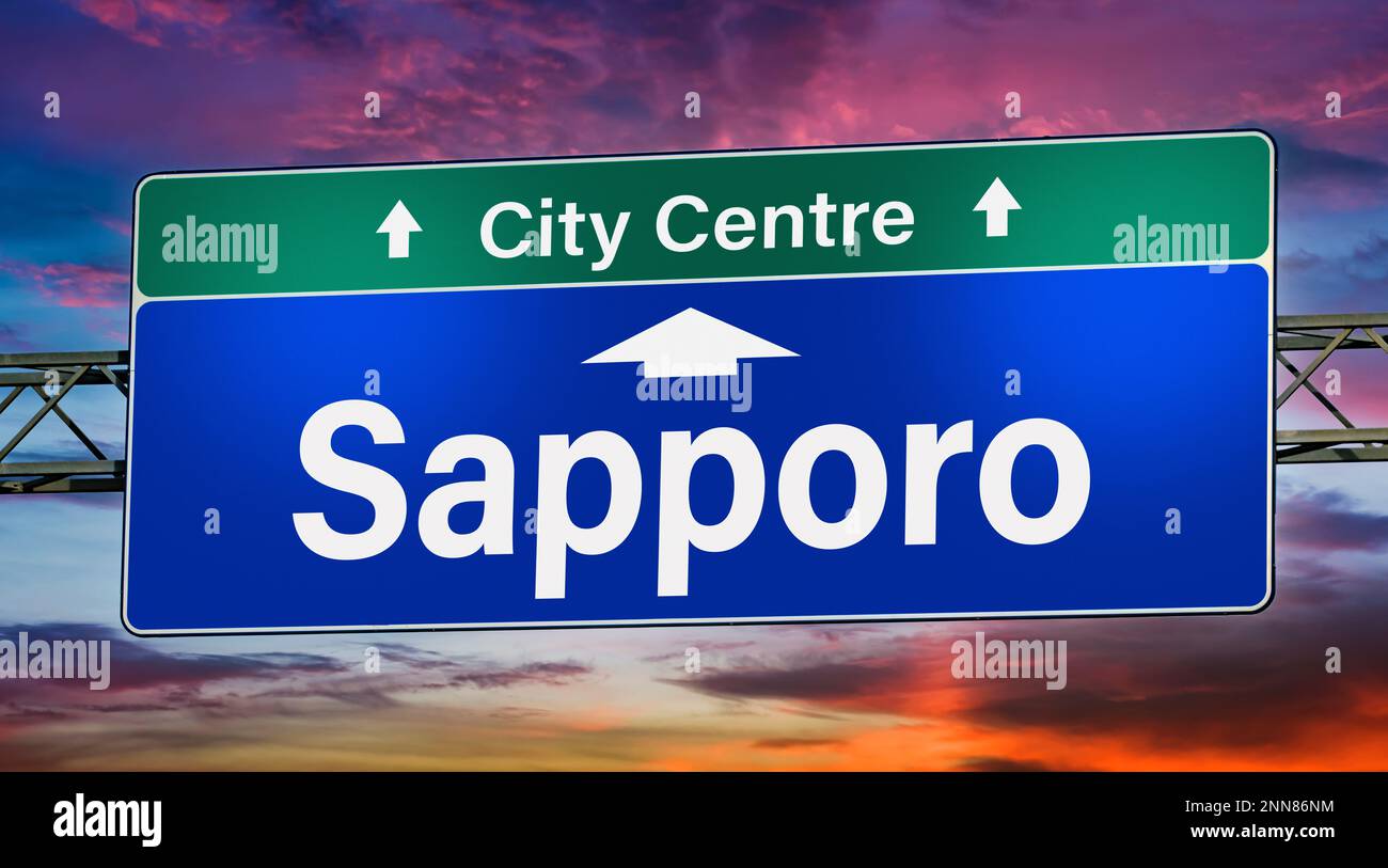 Road sign indicating direction to the city of Sapporo Stock Photo - Alamy