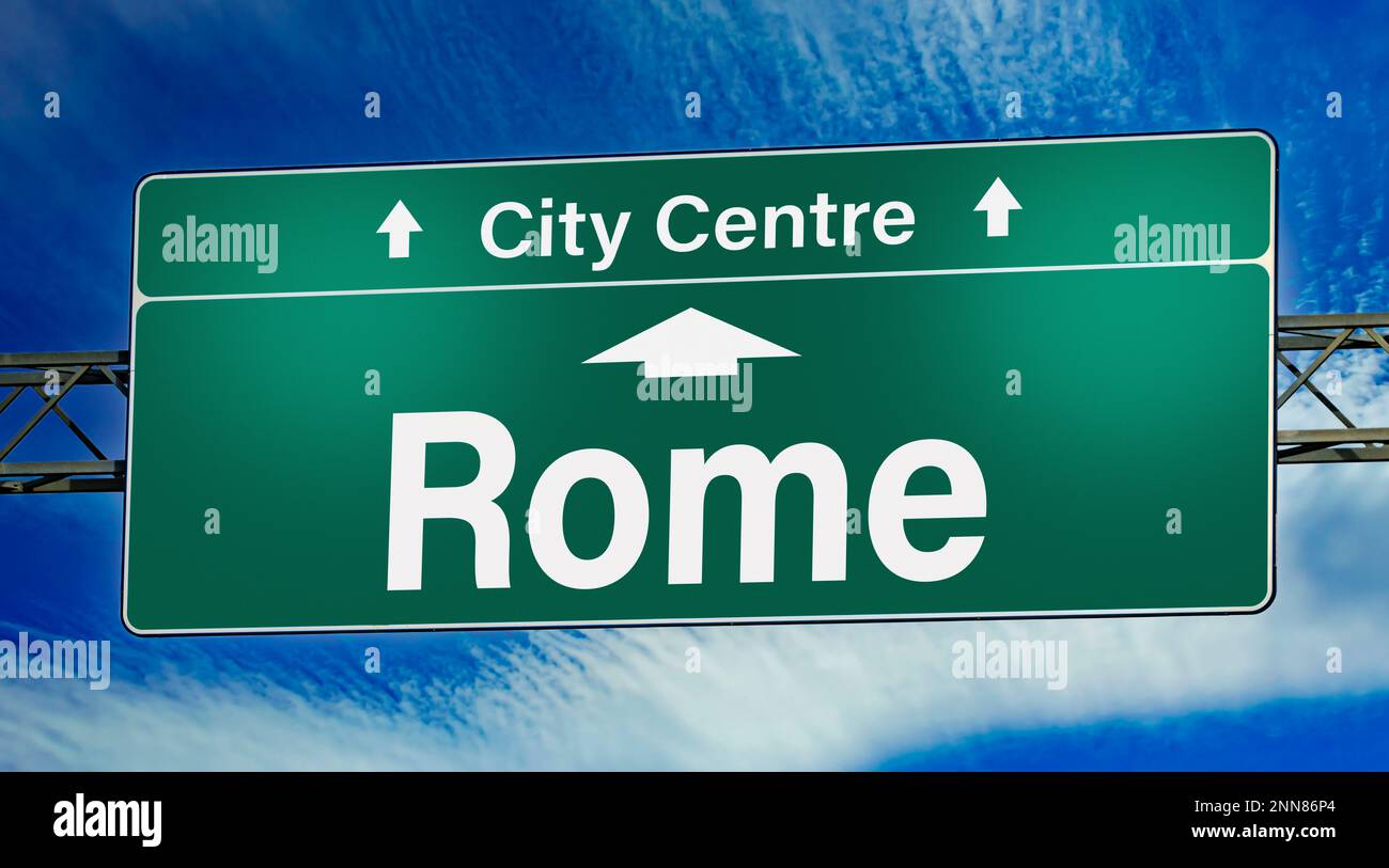 Road sign indicating direction to the city of Rome Stock Photo - Alamy