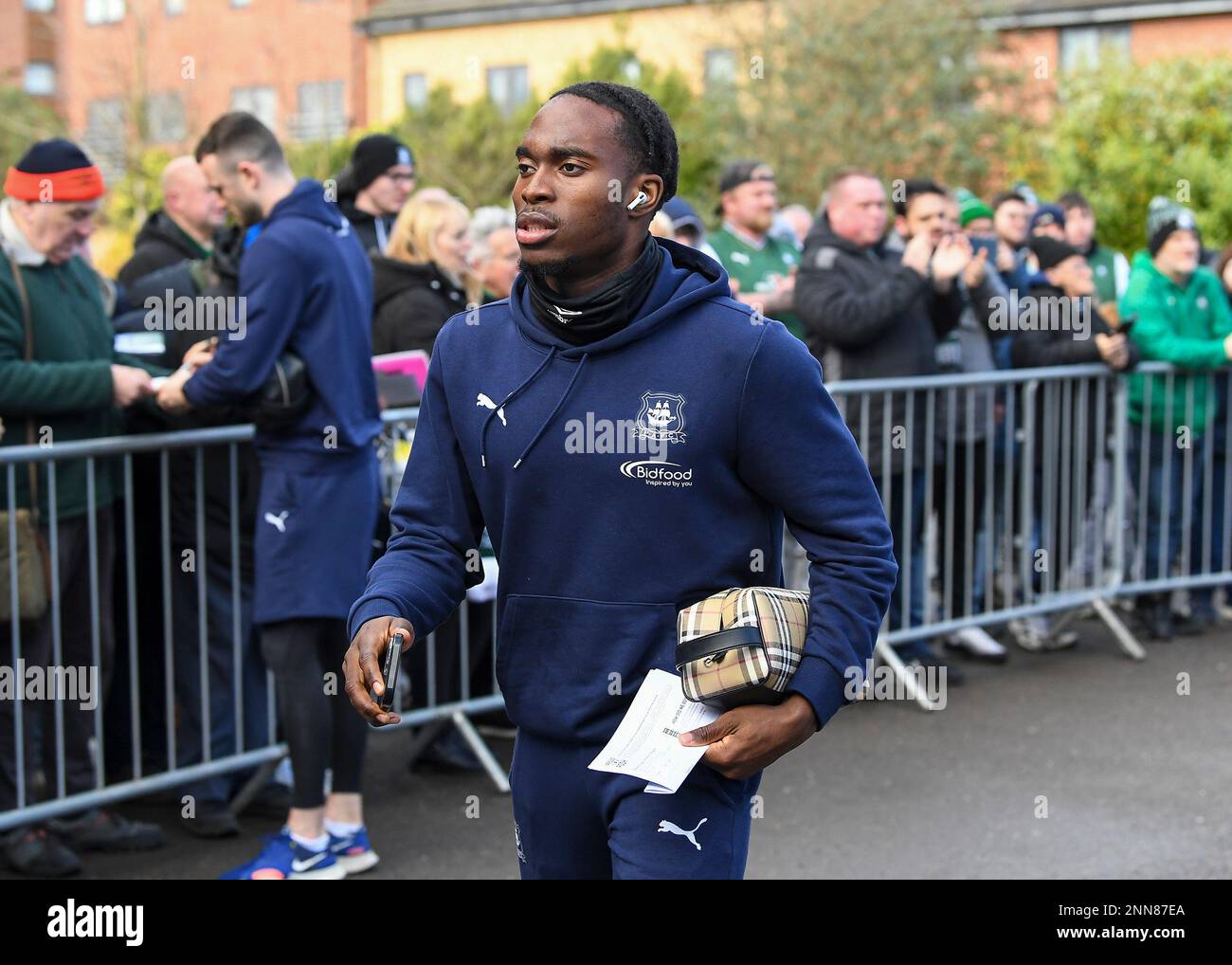 Plymouth Argyle midfielder Jay Matete (28) arrives during the Sky Bet ...