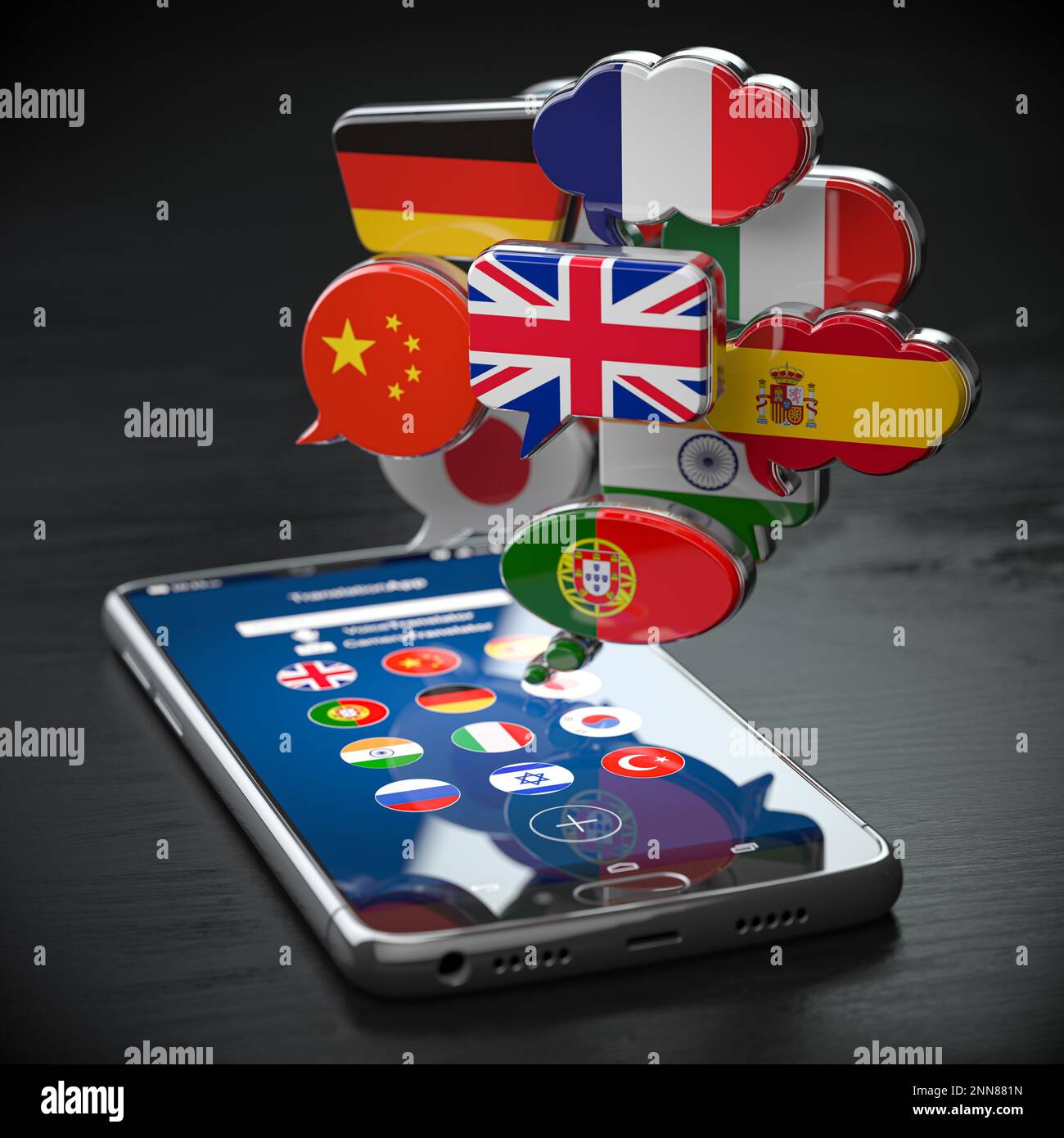 Global communication, dictionary, translating and learning languages online app concept. Mobile ...