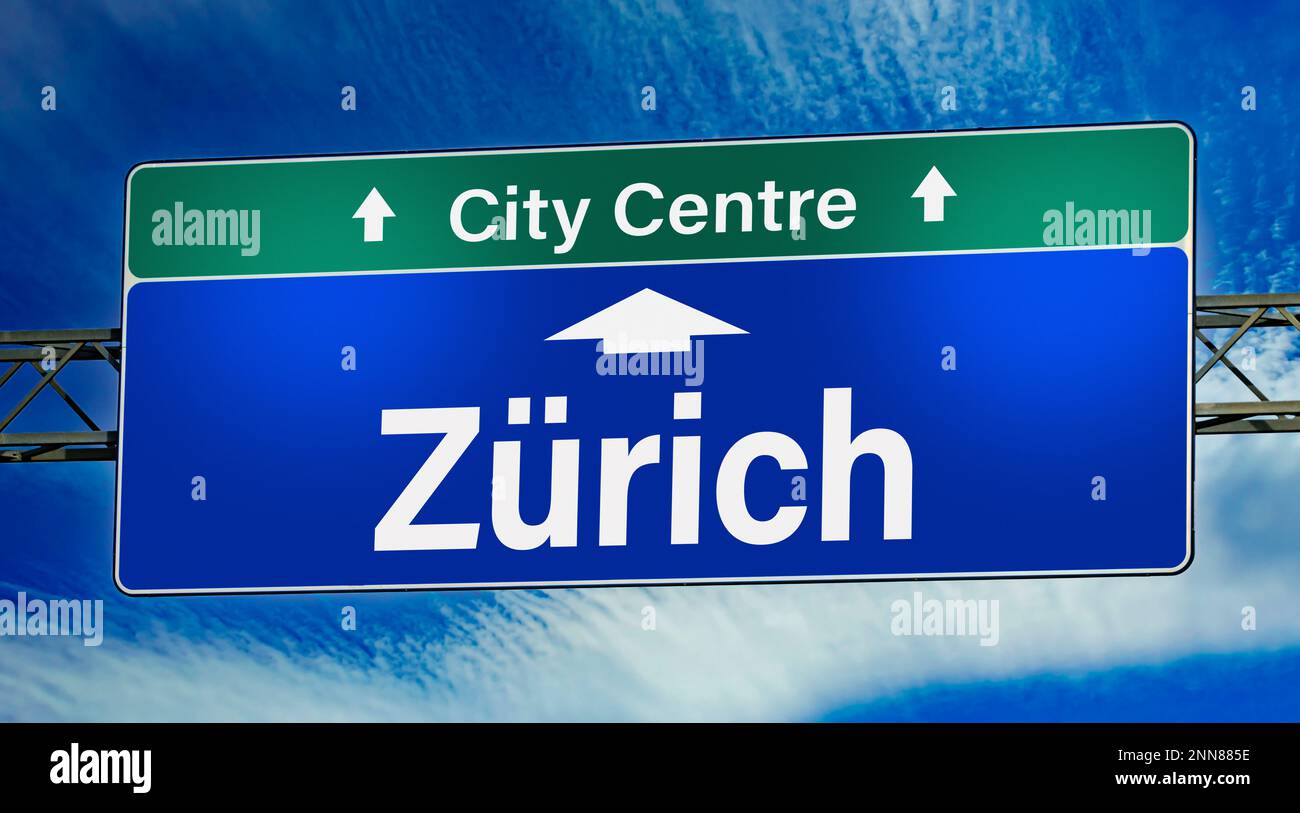 Road sign indicating direction to the city of Zurich Stock Photo - Alamy