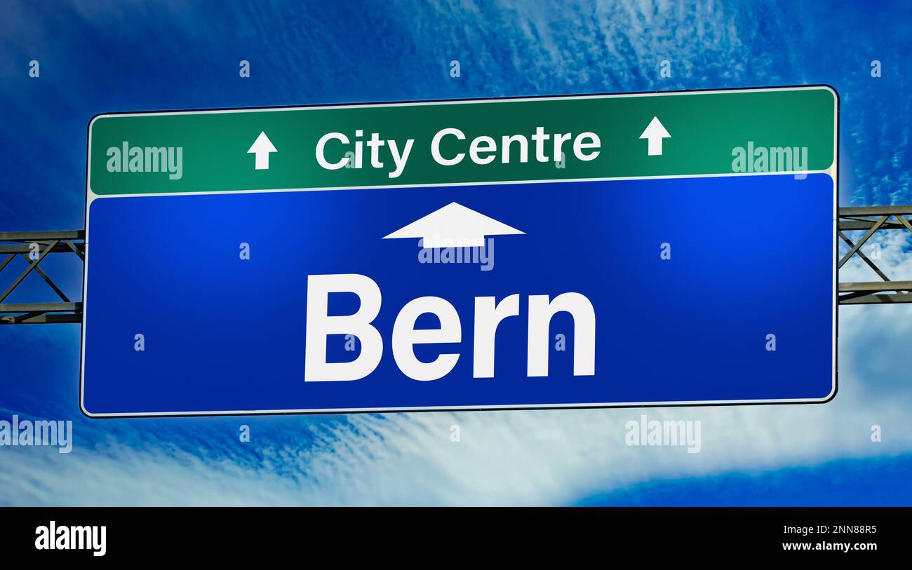 Road sign indicating direction to the city of Bern Stock Photo - Alamy