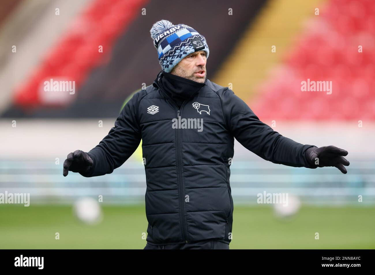 Derby County manager Paul Warne warming-up his players before the Sky ...