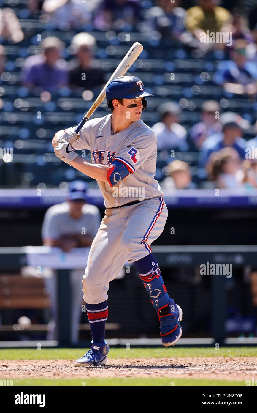DENVER, CO - JUNE 03: Texas Rangers second baseman Nick Solak (15) bats ...